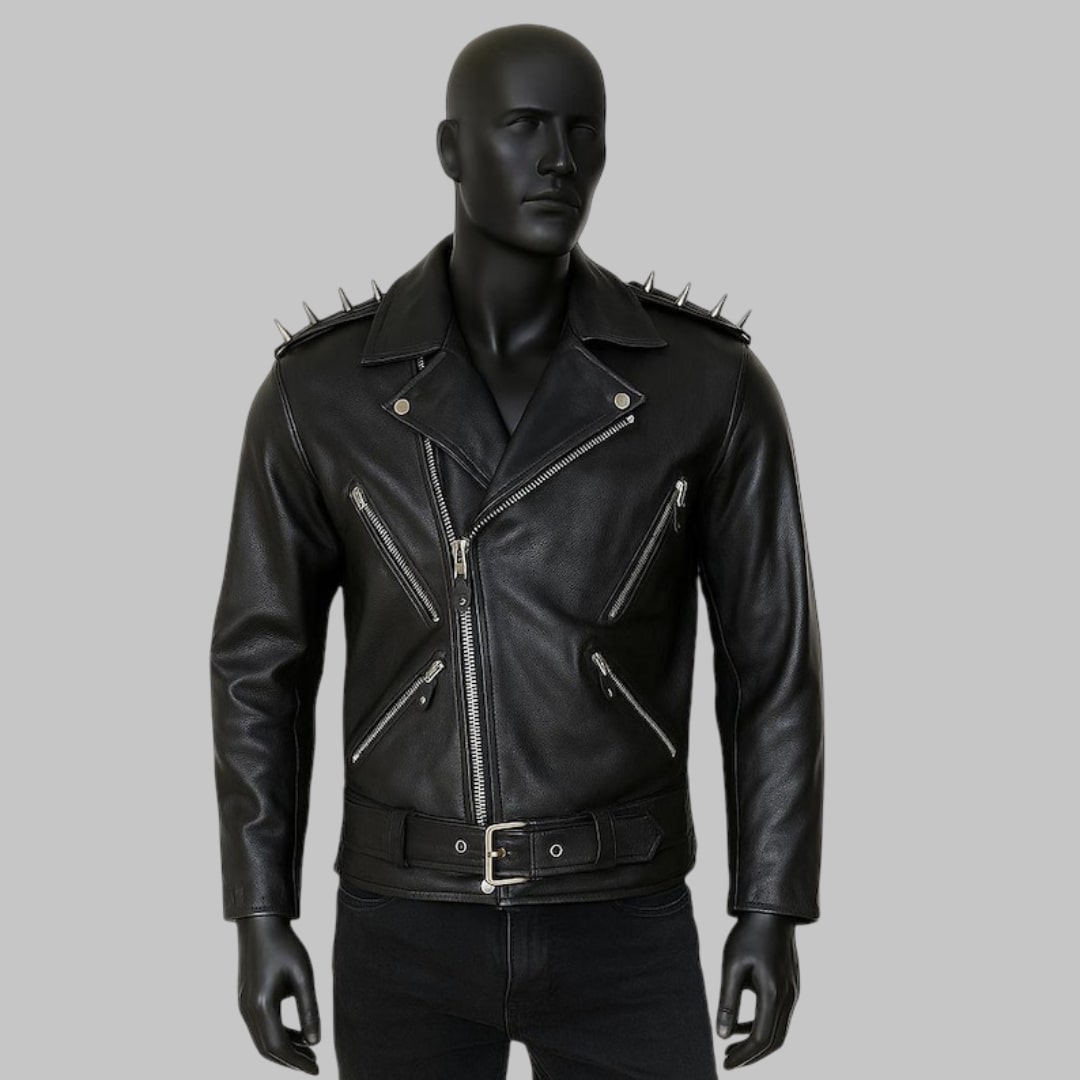 Men Spiked Leather Biker Jacket Steampunk Motorcycle